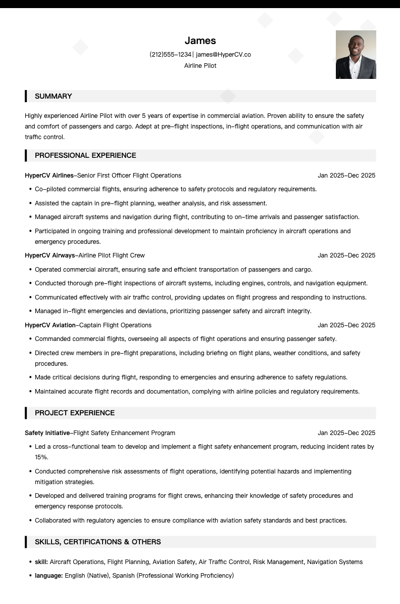 Airline Pilot Resume Template |HyperCV