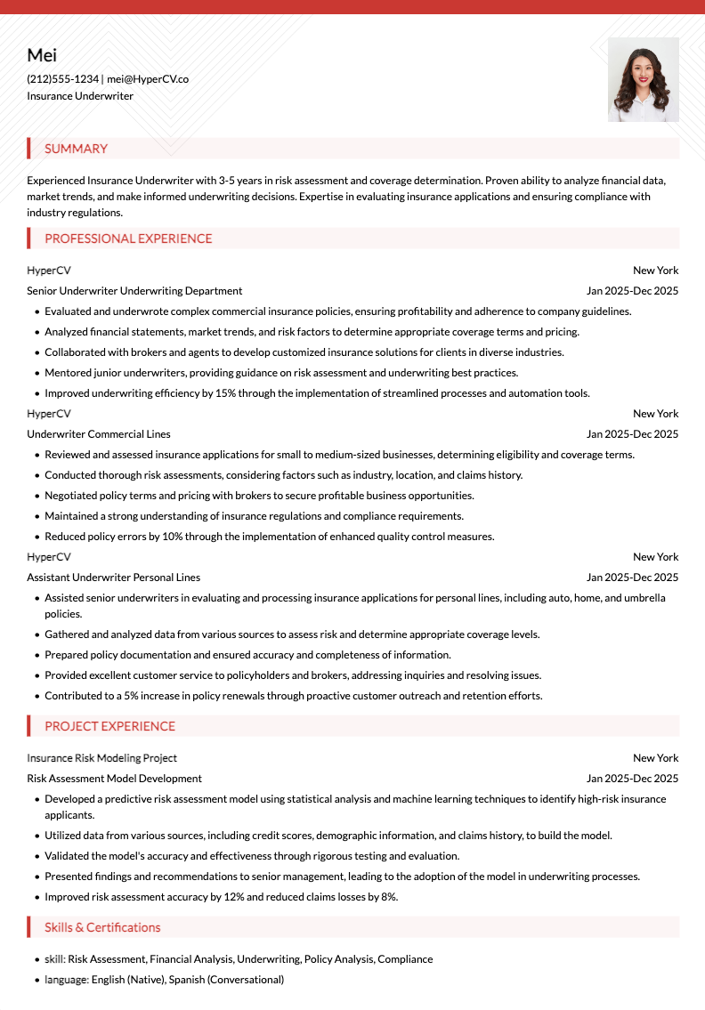Insurance Underwriter Resume Template | Risk Assessment/Financial ...