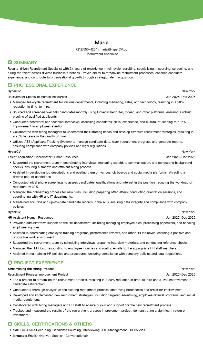 Recruitment Specialist Resume Template |HyperCV
