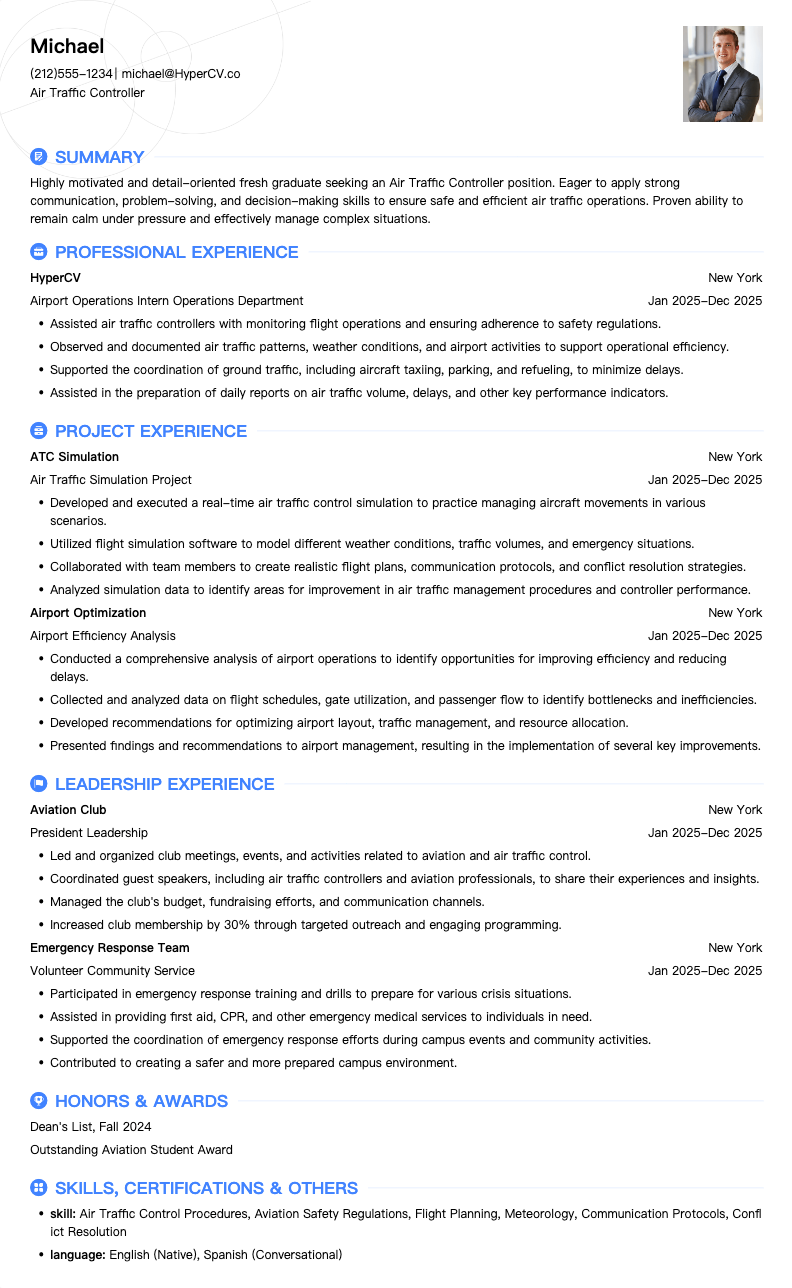 Air Traffic Controller Fresh Graduate Resume Template |HyperCV