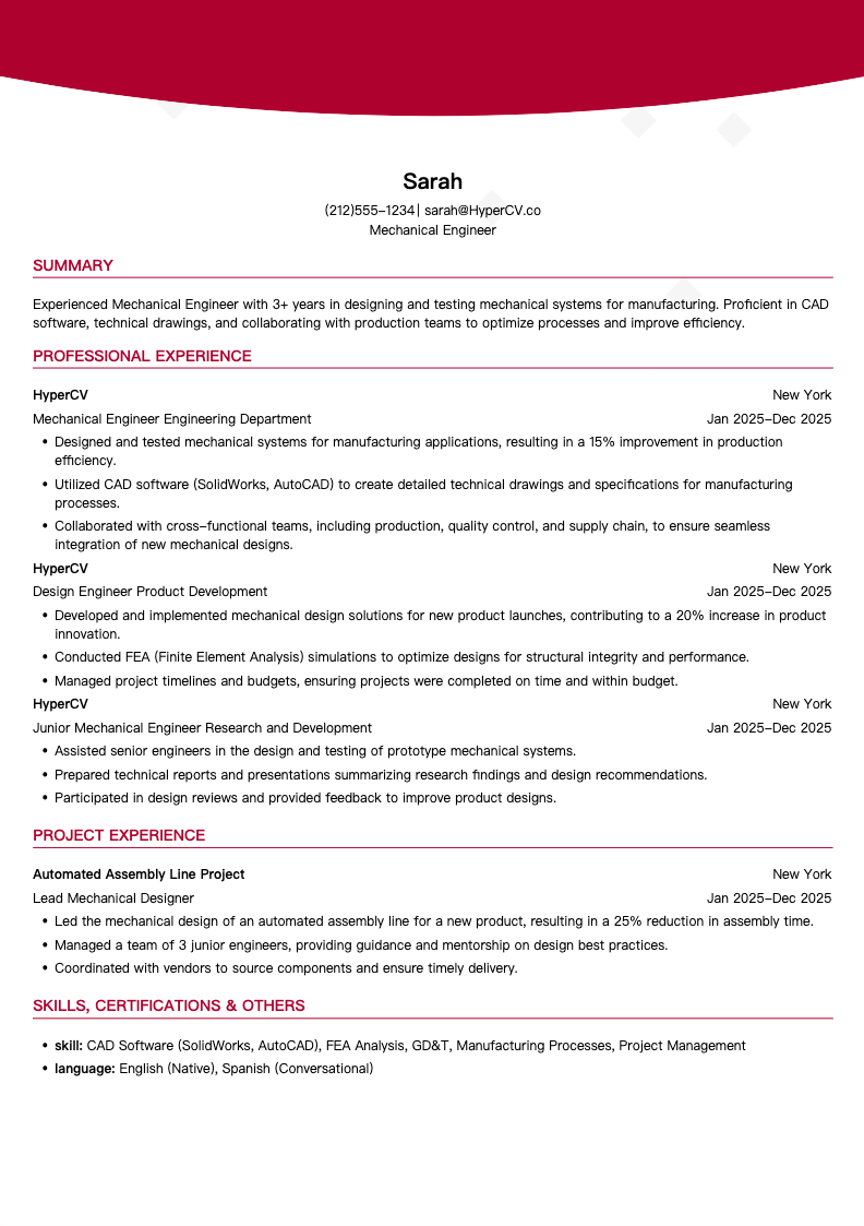 Mechanical Engineer Resume Template | CAD/FEA_HyperCV