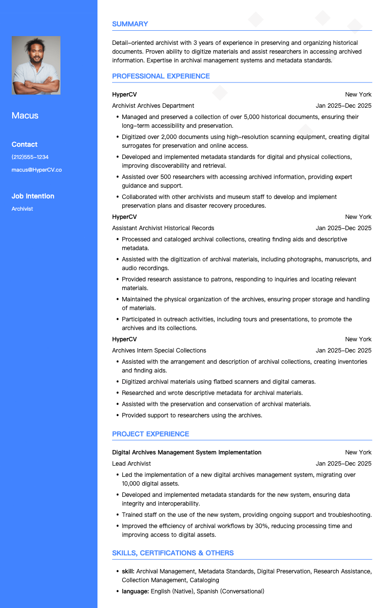 Archivist Resume Template |HyperCV