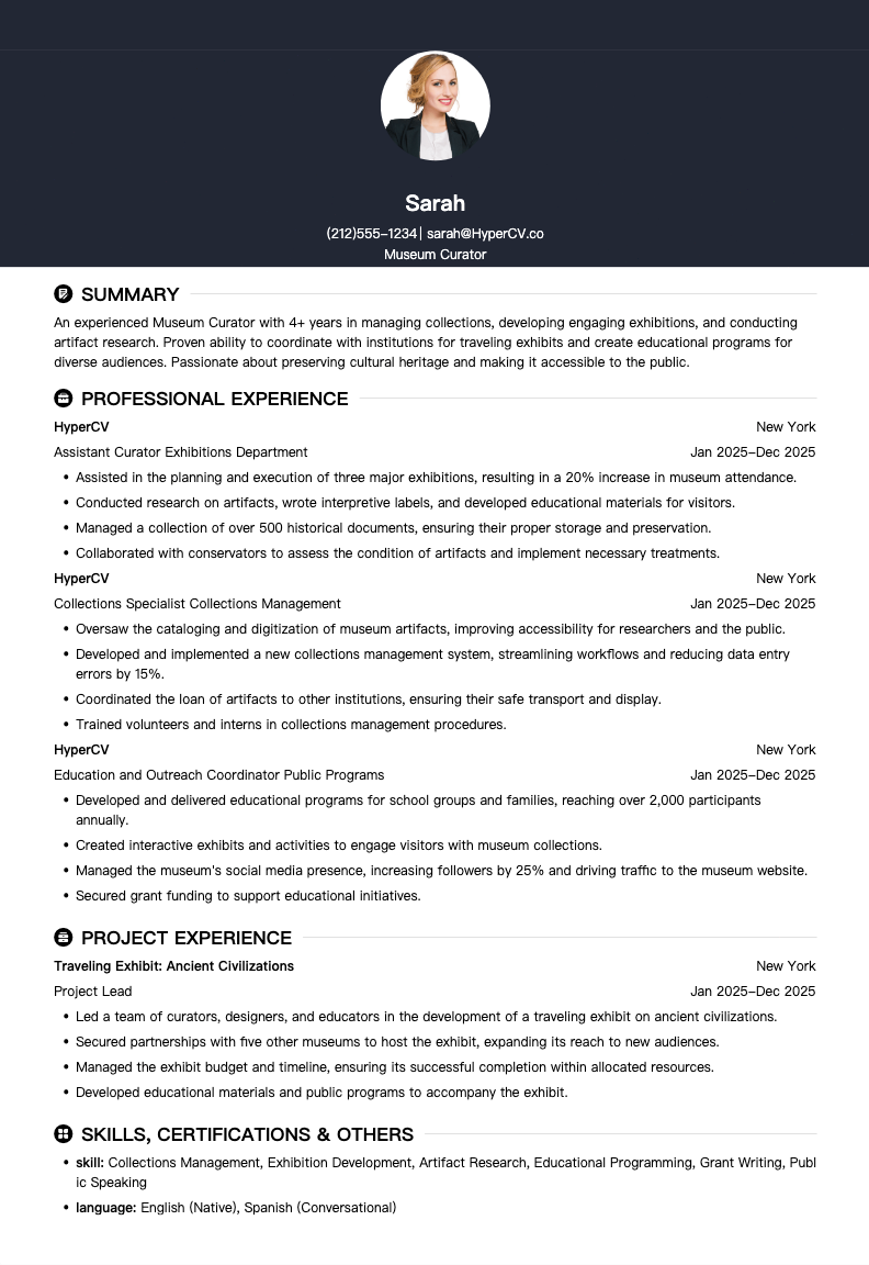 Museum Curator Resume Template |HyperCV