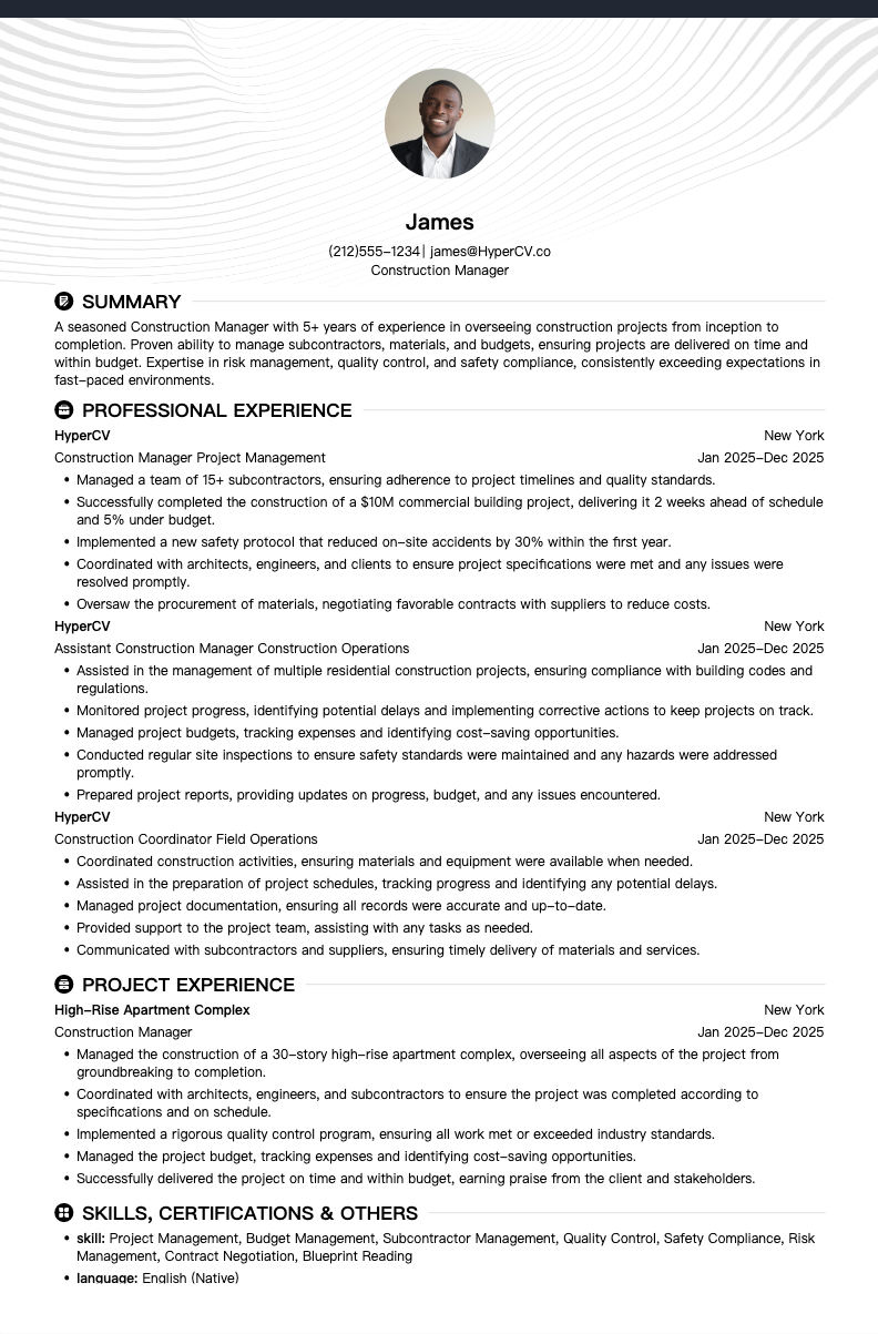 Construction Manager Resume Template |HyperCV
